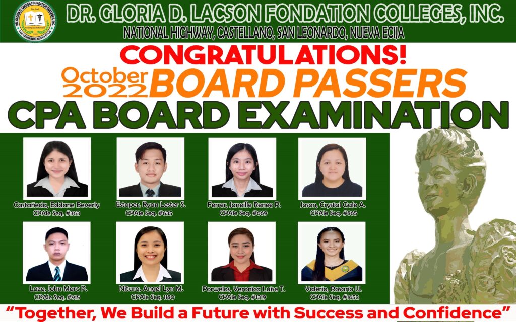 OCTOBER 2022 CPA BOARD EXAMINATION PASSERS - Gloria Lacson Colleges